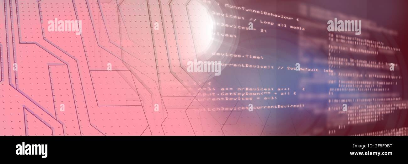 Computer Code And Metal Machine Parts Against Gradient Background Program Coding Concept Stock