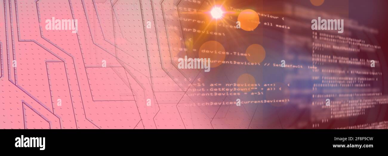 Computer code and metal machine parts against gradient background, program coding concept Stock ...