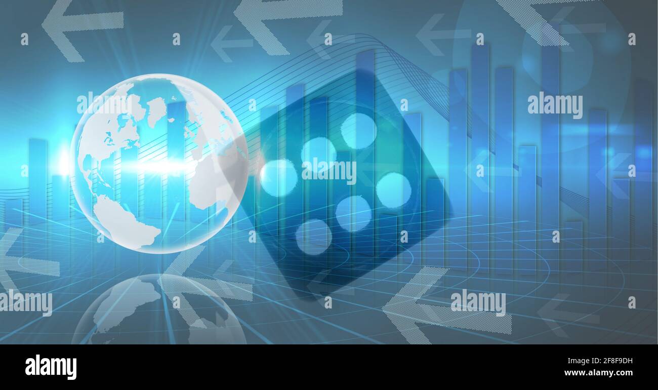 Financial graphs and earth over dice against blue background, finance ...