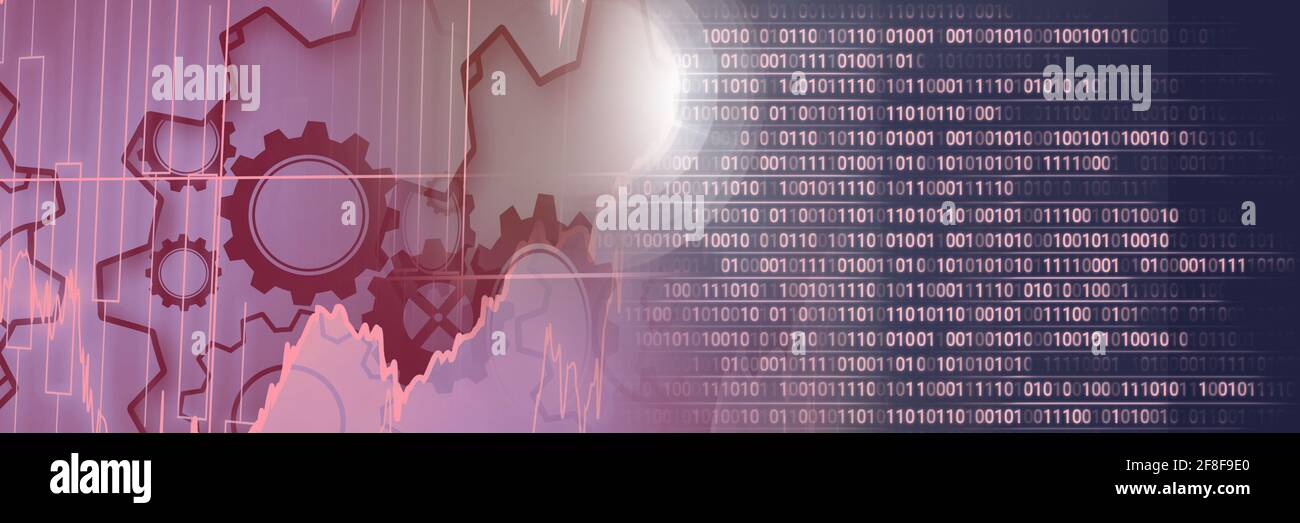 Machine gears and computer code against gradient background, technology and program coding ...