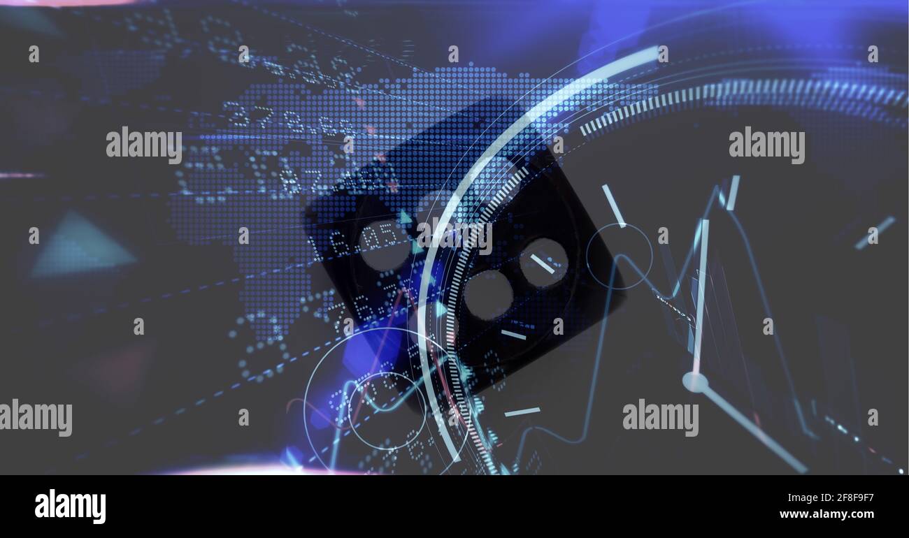 Clock and financial data over dice against digital map, finance and ...
