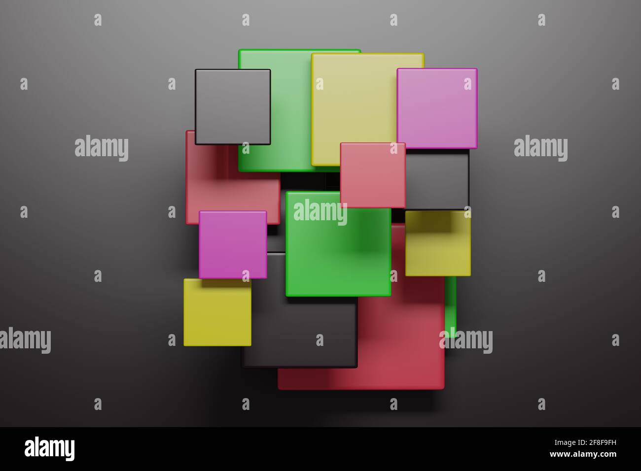 3d rendering of some multi colored cubes and squares on a black ...