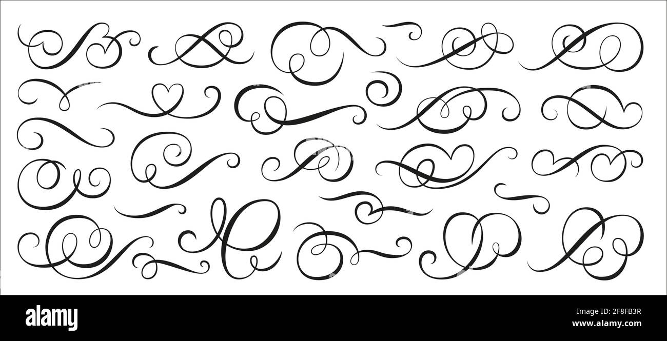 Calligraphic swirl ornament, line style flourishes set. Filigree ...