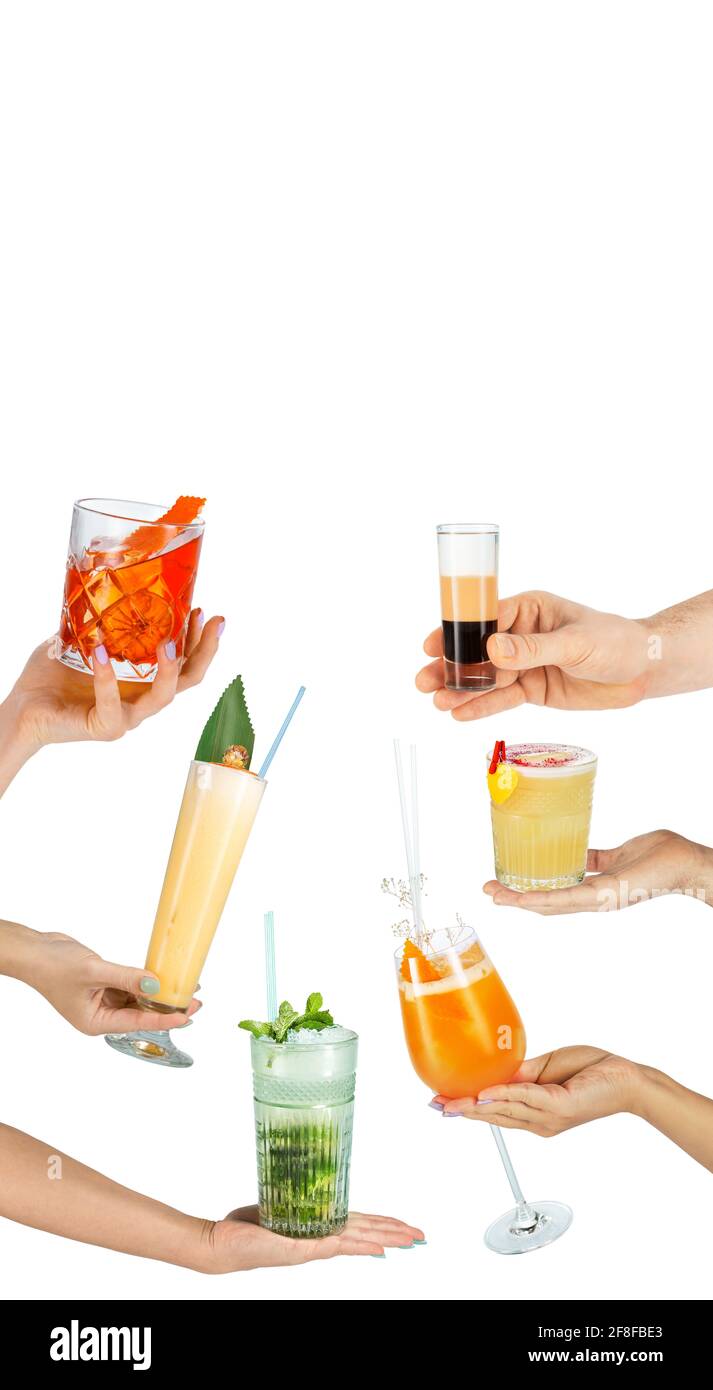 Male and female hands holding cocktails on a white background ...