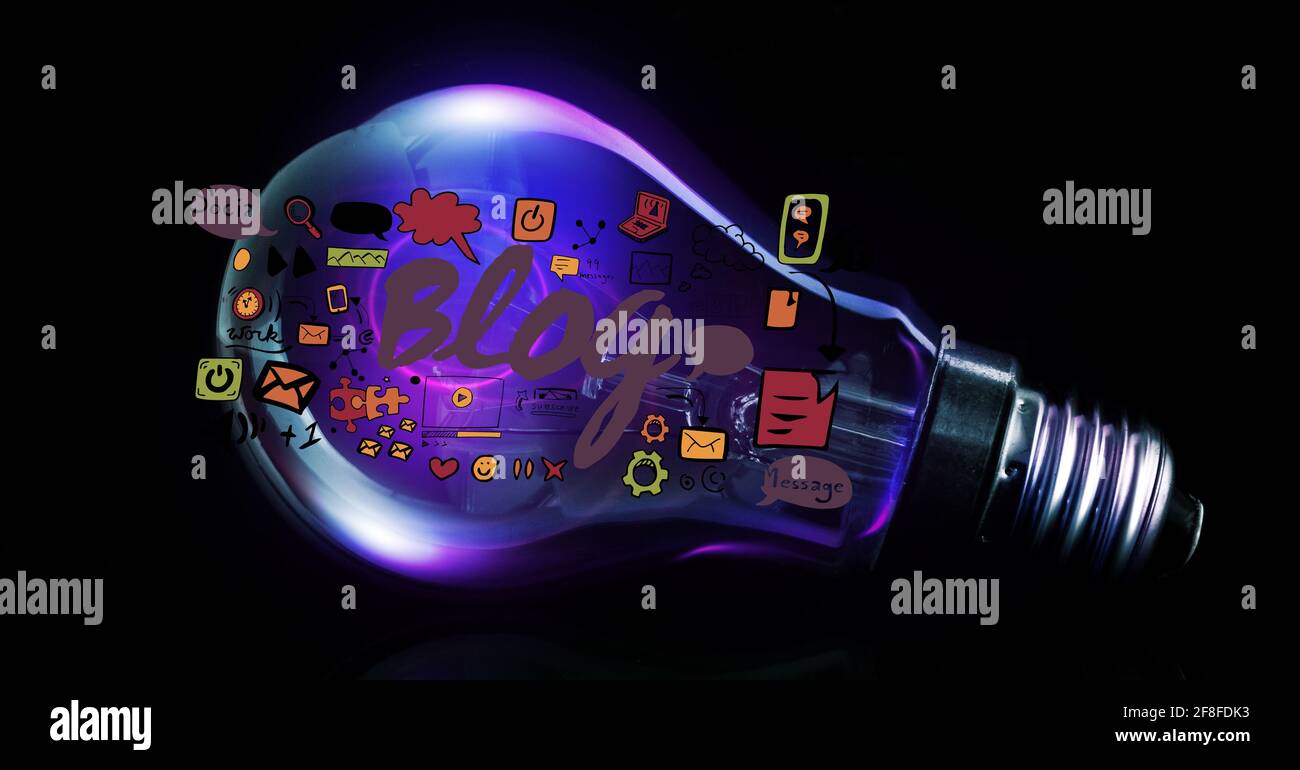 Light bulb and social media icons over black background, internet and ...