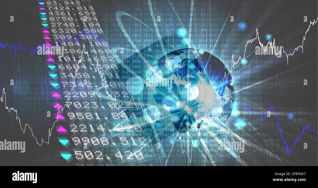 Financial data and graphs over dice against earth, finance and economy ...