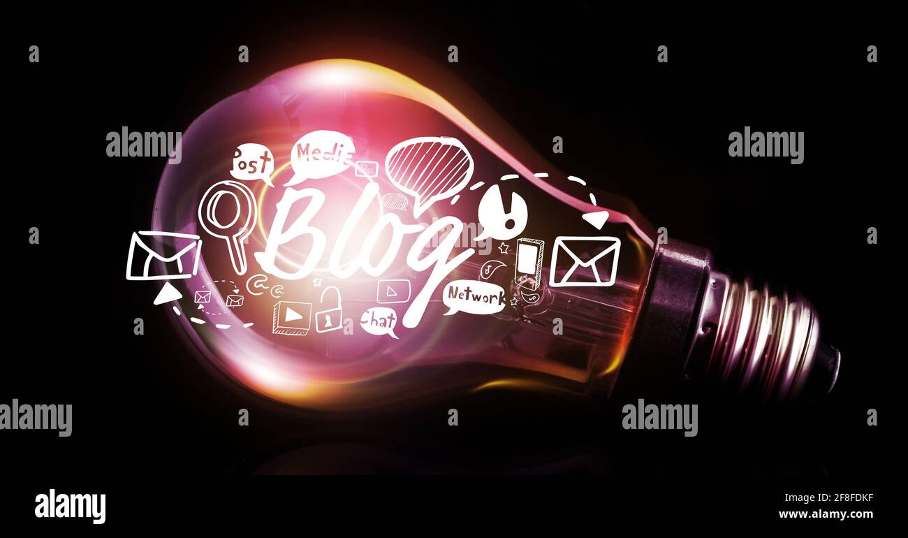 Light bulb and social media icons over black background, internet and ...