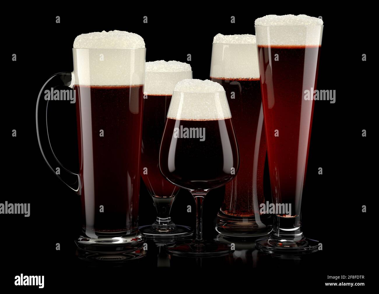 Set of fresh draft beer glasses with bubble froth isolated on black ...