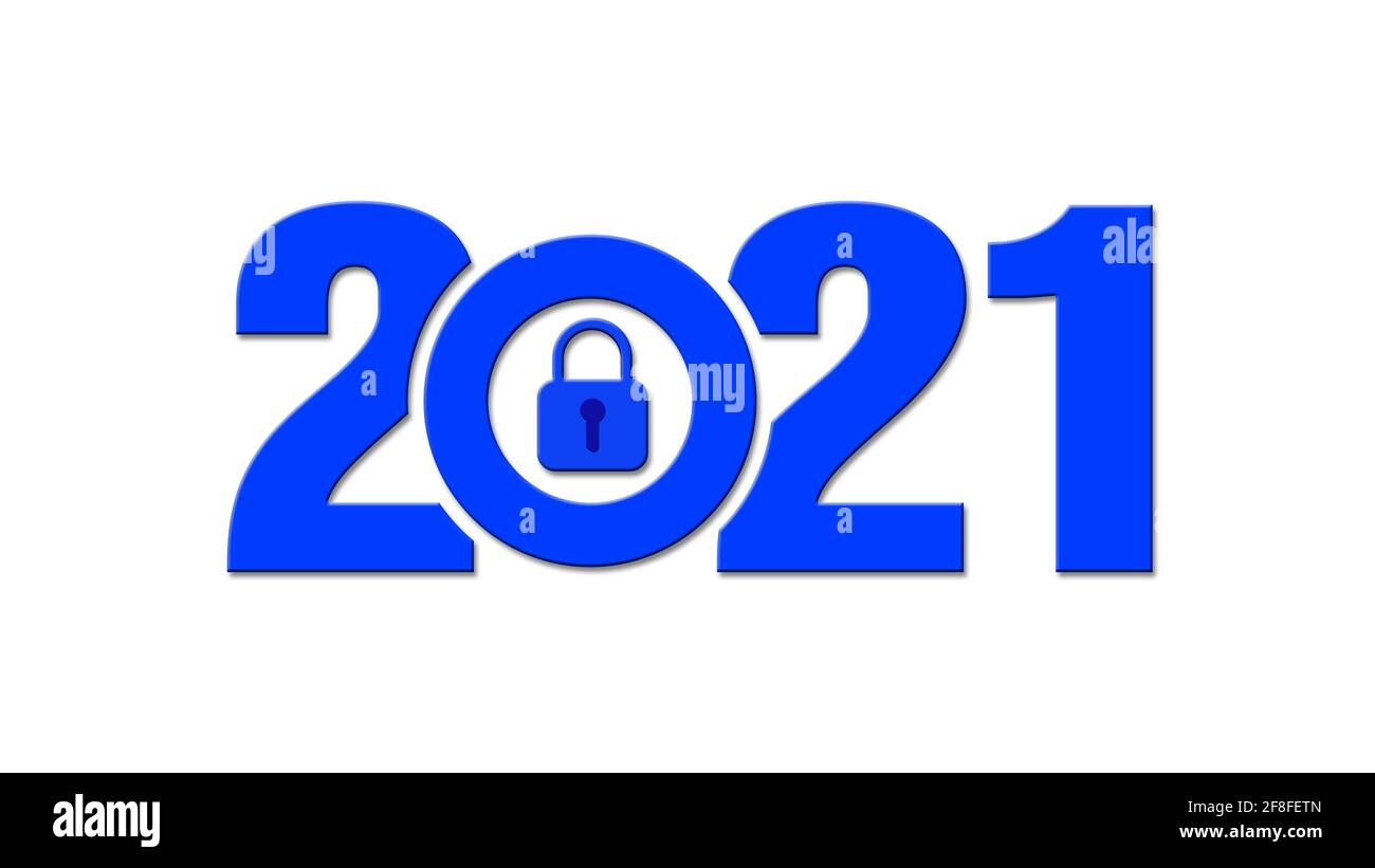 Year 2021 - blue digits isolated on white background - closed padlock ...
