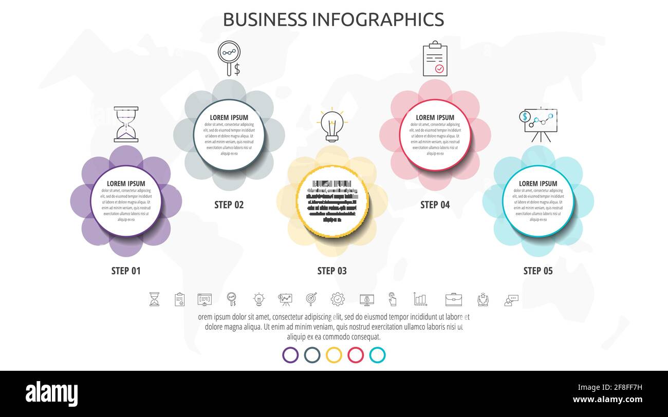 Infographics circles with five steps, icons. Timeline data vector template. Used for diagram ...