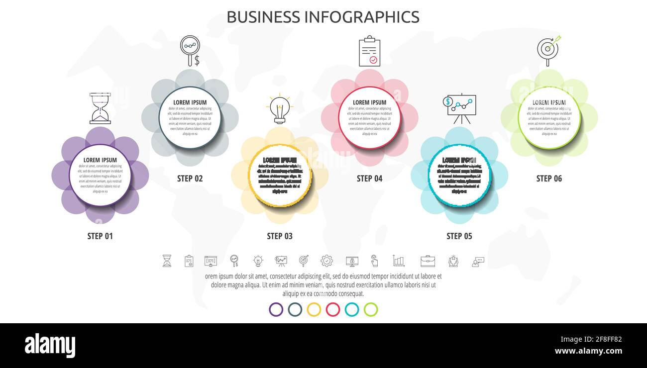 Infographics circles with six steps, icons. Timeline data vector ...