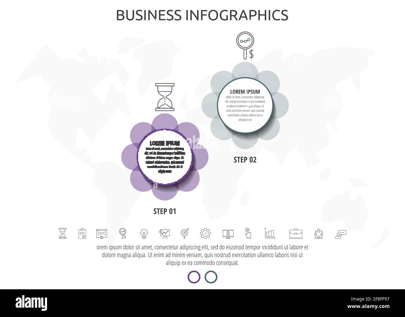 Infographics circles with 2 steps, icons. Timeline data vector template. Used for diagram ...