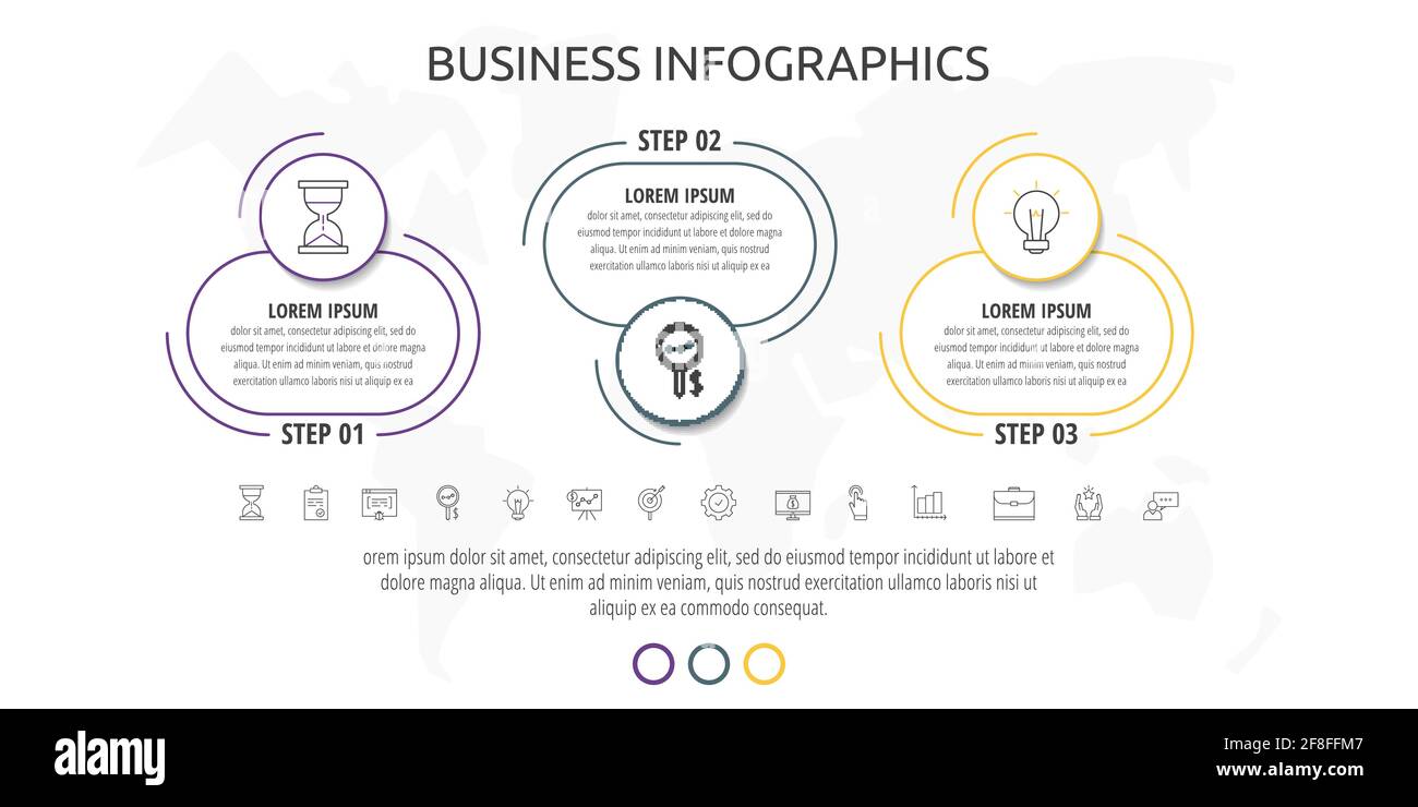 Line infographics circles with three steps, labels. Timeline data vector template. Used for ...