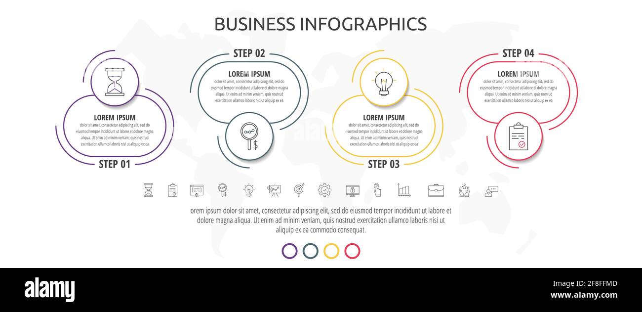 Line infographics circles with four steps, labels. Timeline data vector ...