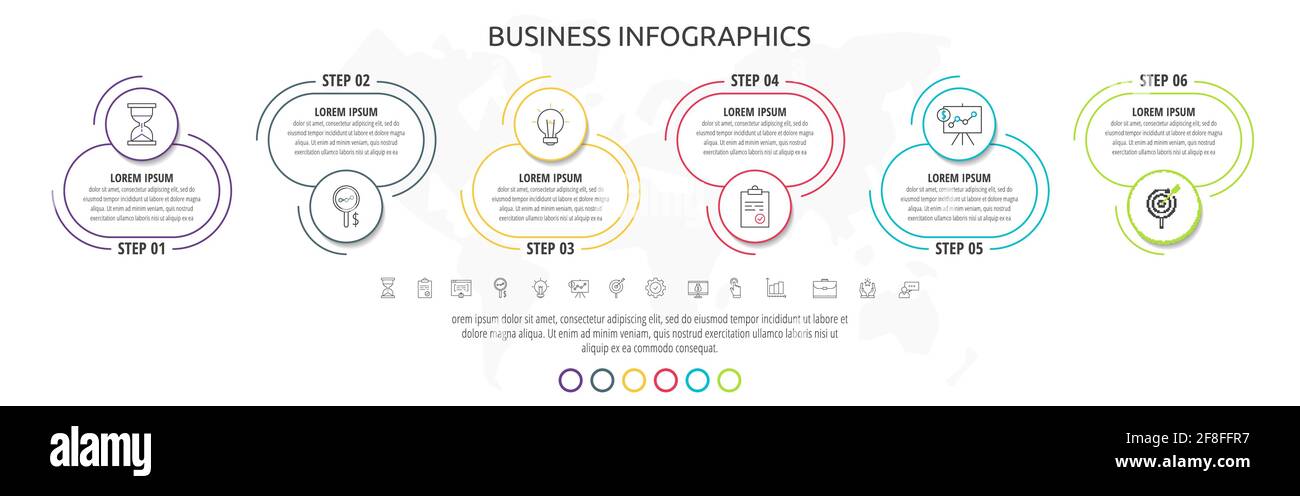 Line infographics circles with six steps, labels. Timeline data vector template. Used for ...