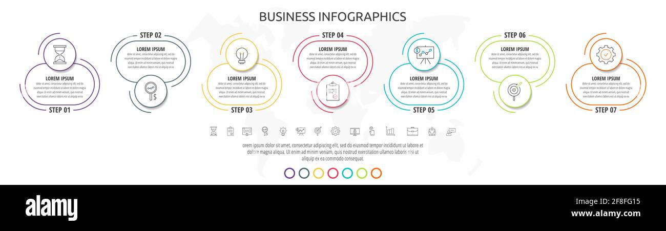 Line infographics circles with seven steps, labels. Timeline data vector template. Used for ...