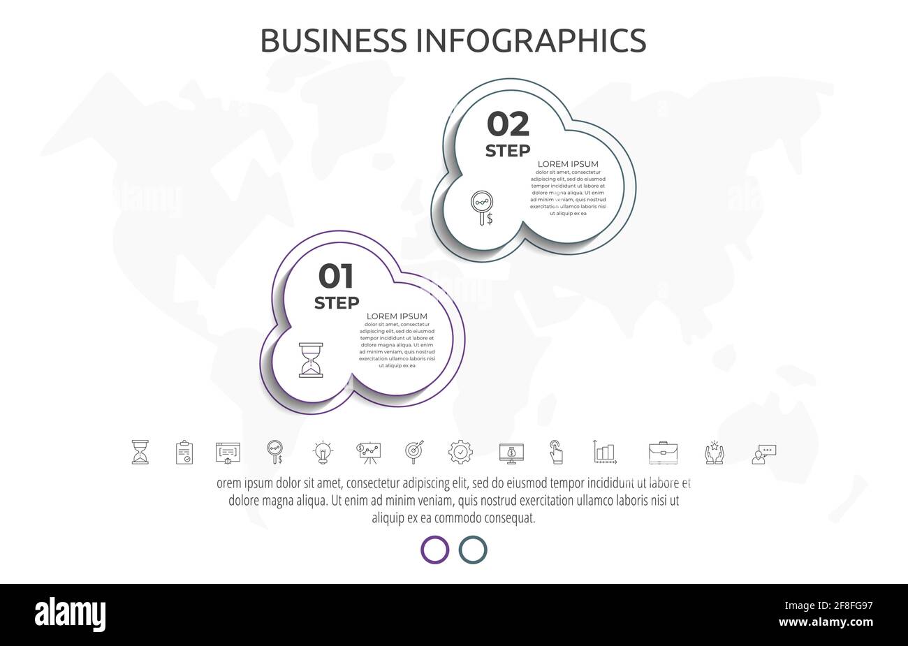 Line infographics circles with two steps, labels. Timeline data vector template. Used for ...