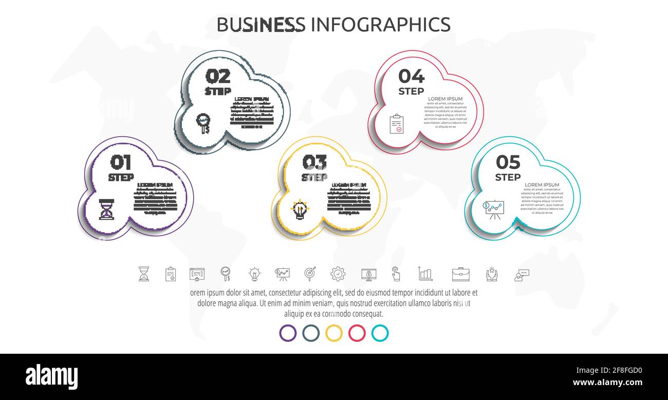 Line infographics circles with five steps, labels. Timeline data vector template. Used for ...