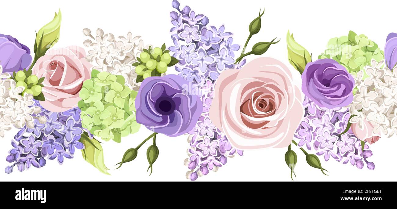 Vector horizontal seamless border with pink, purple and white roses ...