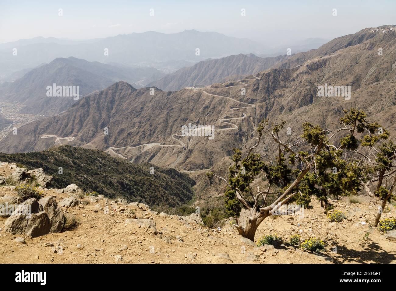 Steep, winding road to the high plateau of Abha in the southeast of ...