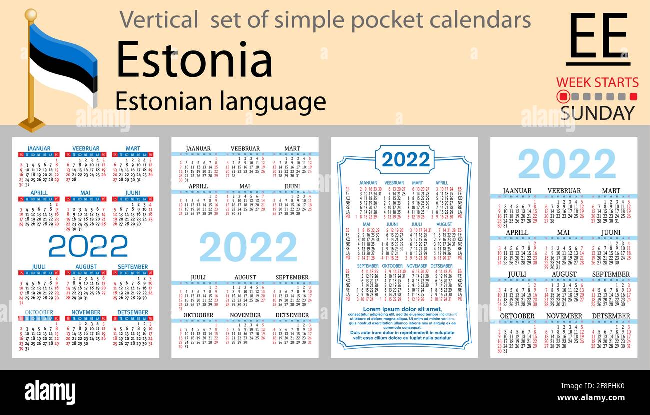 Estonian vertical set of pocket calendars for 2022 (two thousand twenty ...