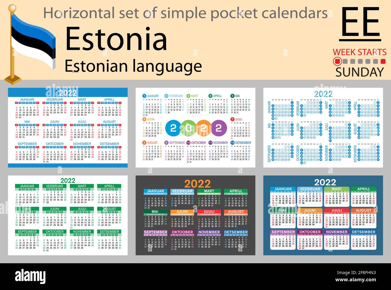 Estonian horizontal set of pocket calendars for 2022 (two thousand ...