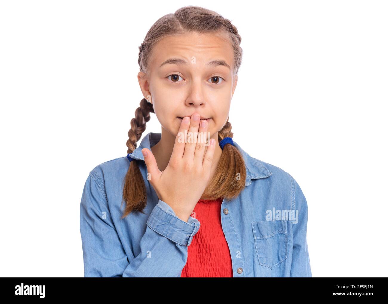Emotional portrait of scared girl teenager, isolated on white ...