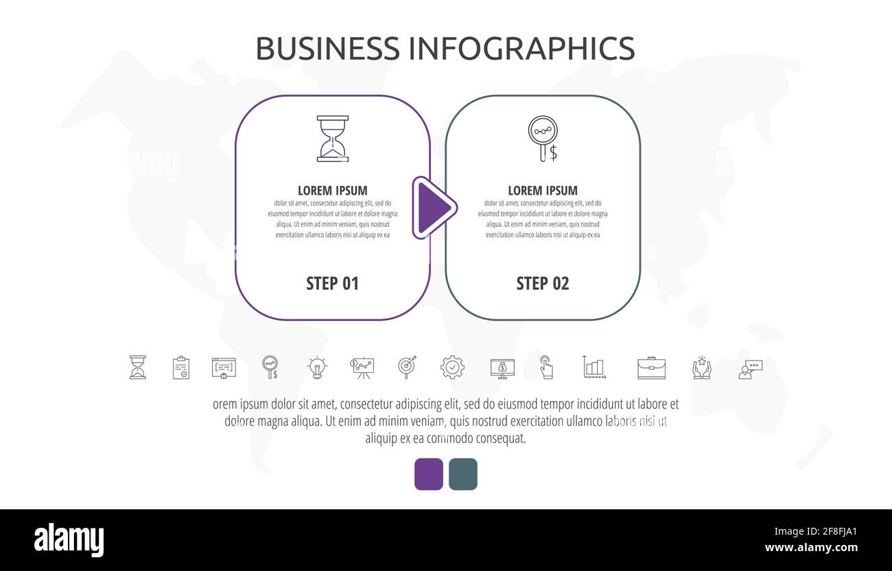 Line cards with two steps, arrows. Rectangular infographic. Frames timeline data vector template ...