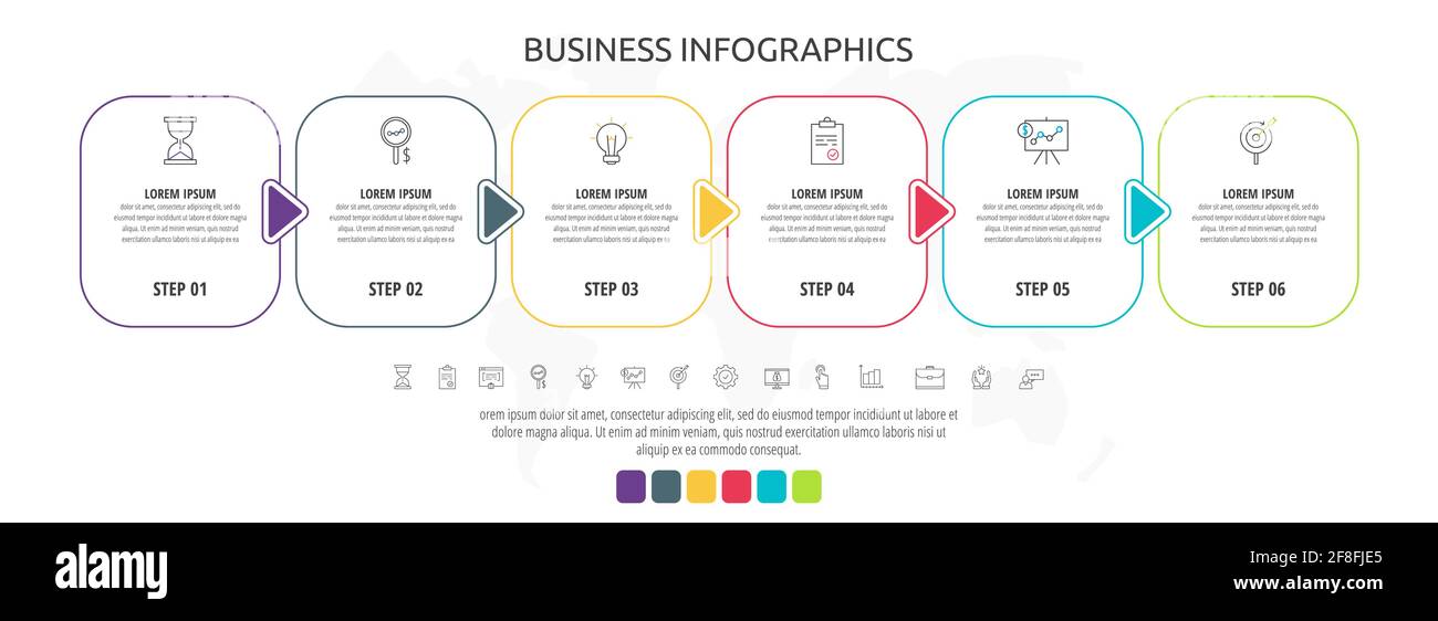 Line cards with six steps, arrows. Rectangular infographic. Frames timeline data vector template ...