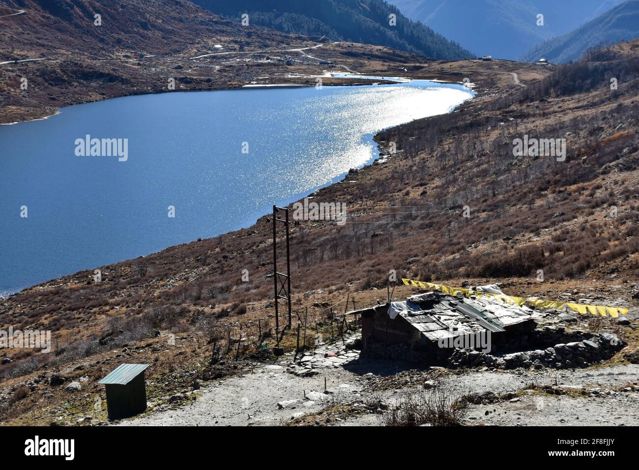 Picturesque view of blue lake Changgu in Himalayan mountain of Sikkim ...