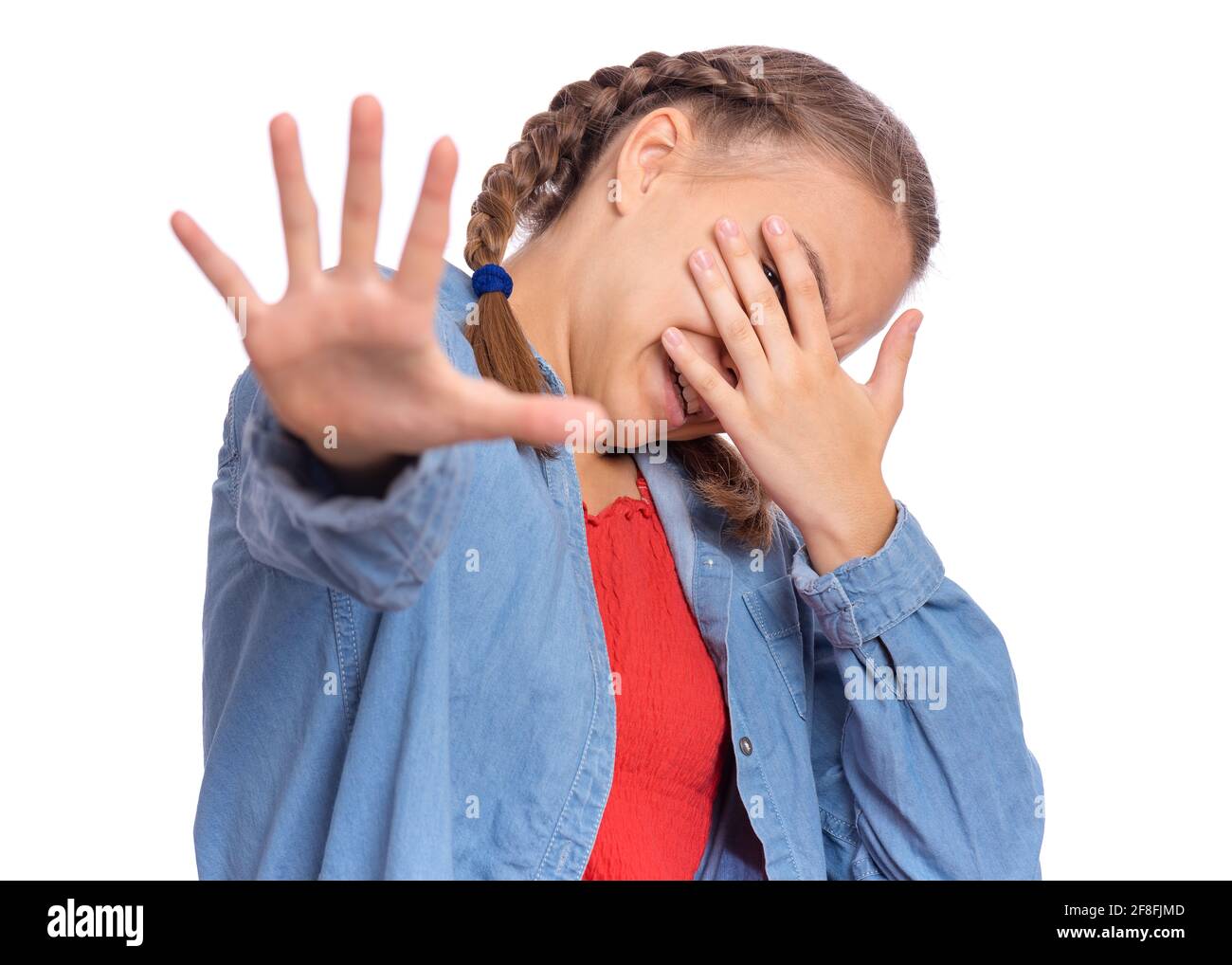 Emotional portrait of scared girl teenager, isolated on white ...