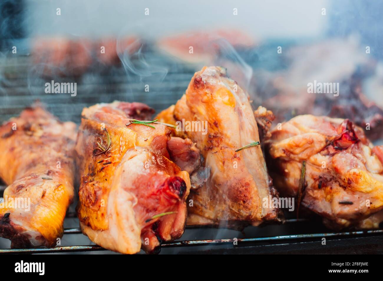 Delicious meat on barbecue grill with steam.Close up.Chicken,beef Stock ...