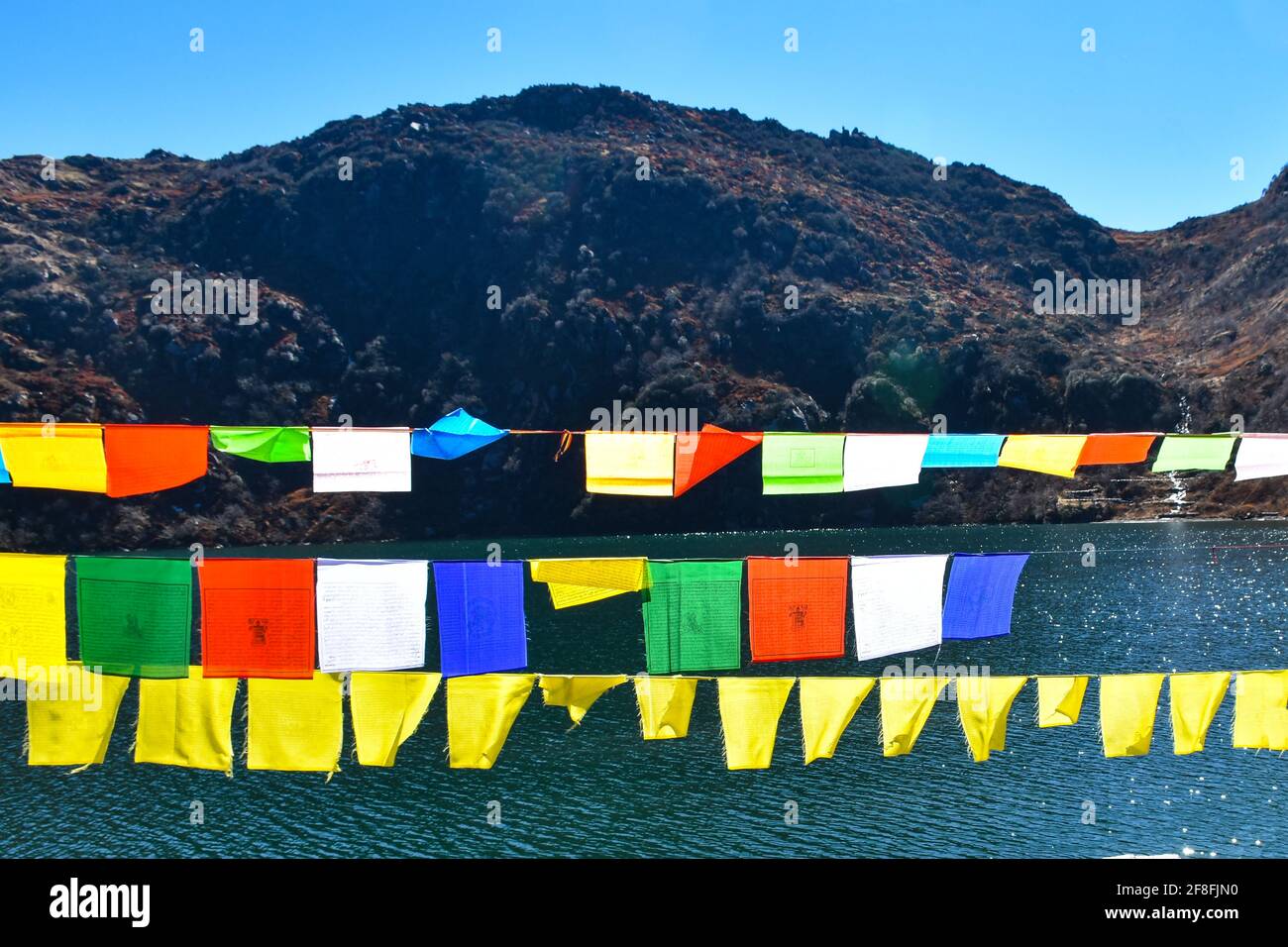 Picturesque view of blue lake Changgu in Himalayan mountain of Sikkim ...