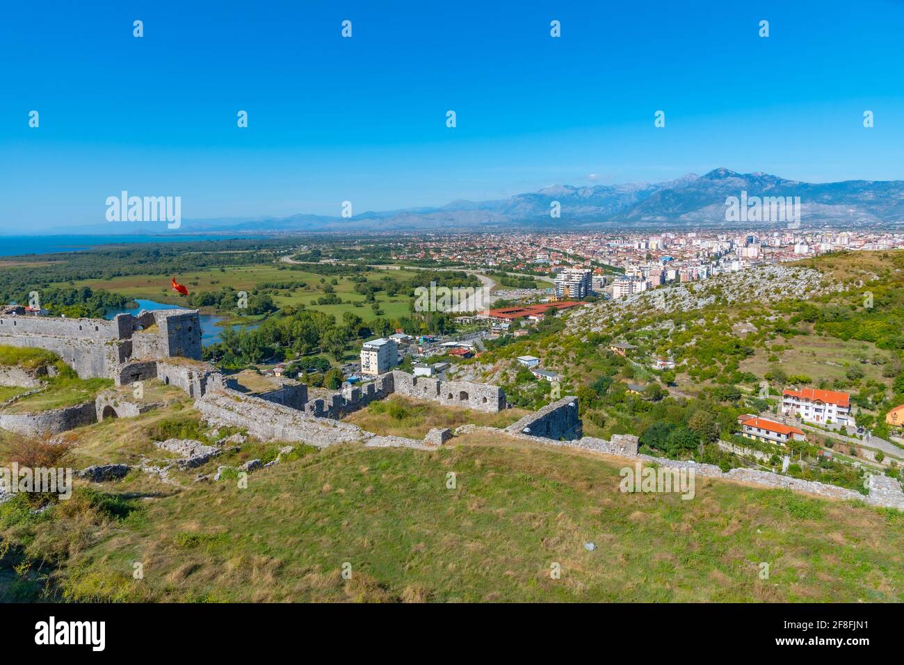 City of Shkoder and ramparts of Rozafa castle in Albania Stock Photo ...