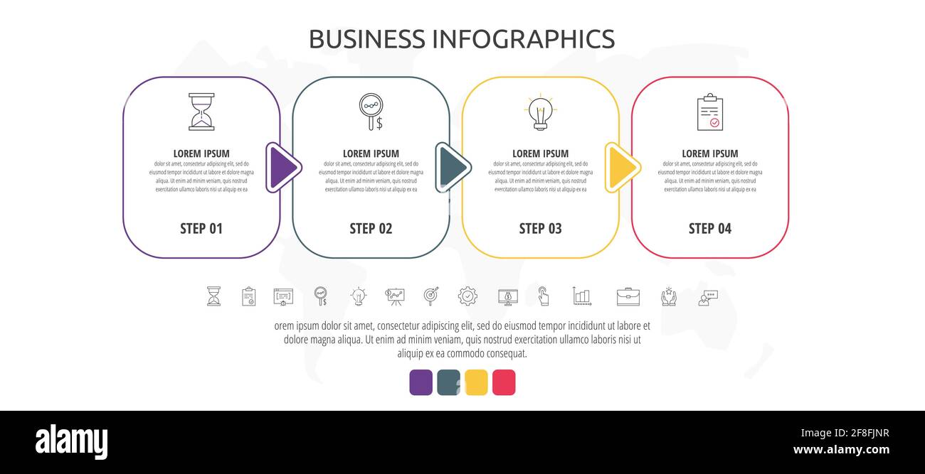 Line cards with four steps, arrows. Rectangular infographic. Frames ...