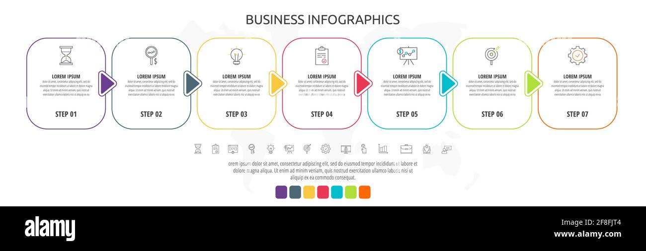 Line cards with 7 steps, arrows. Rectangular infographic. Frames ...