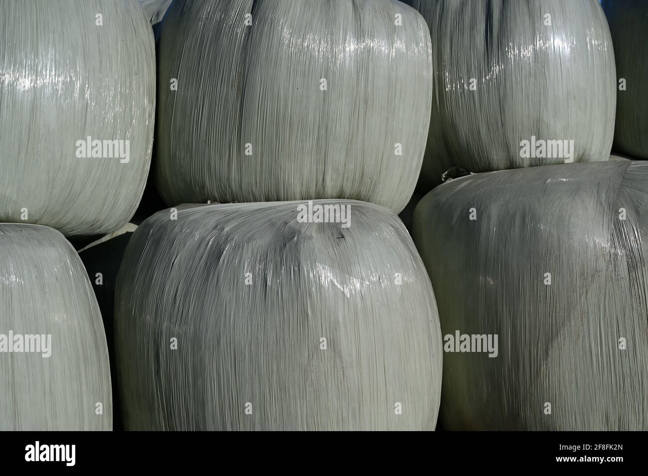 haystack rolls wrapped in plastic bags under a blue sky Stock Photo - Alamy