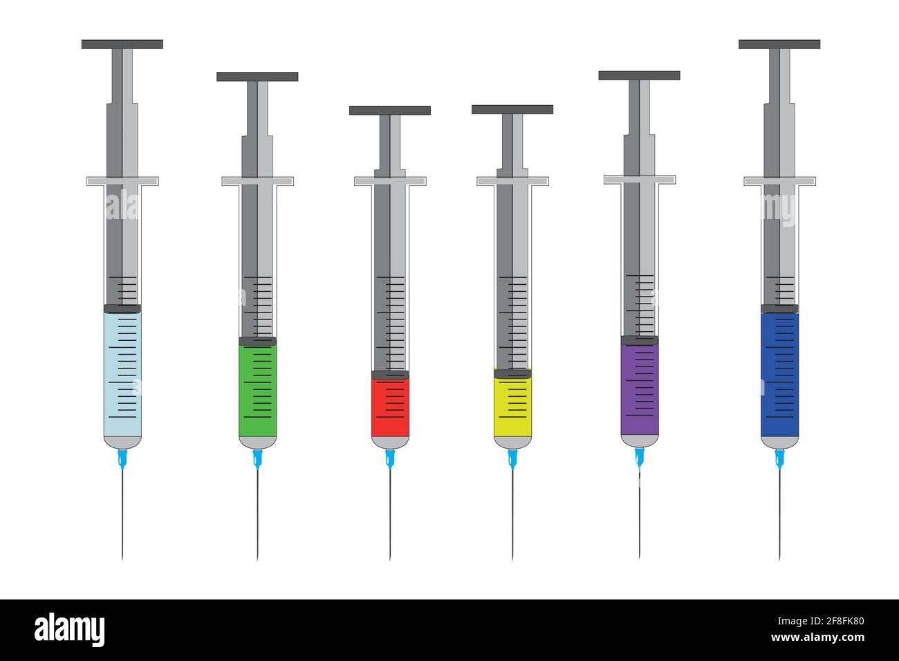 Set of syringes with different color liquids isolated on white ...