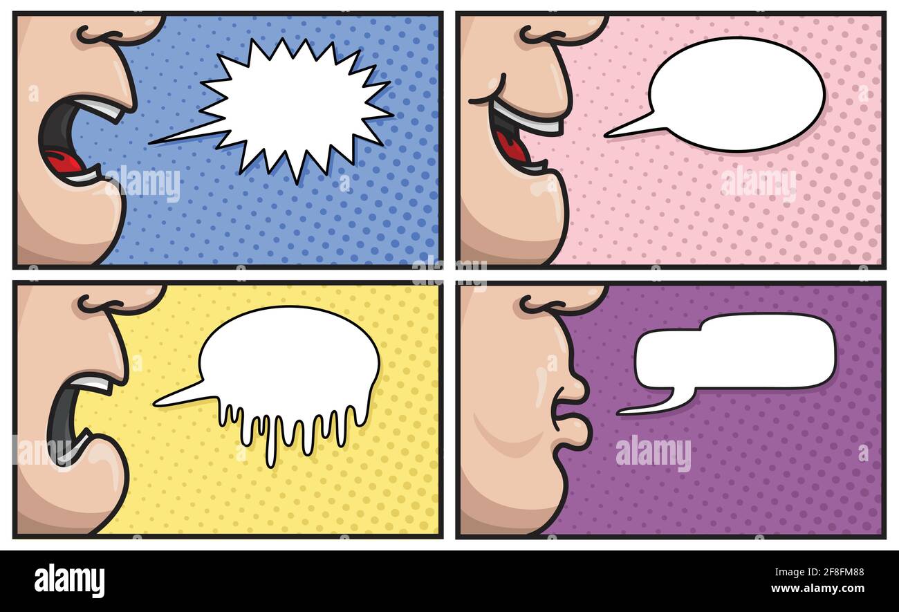 Set of cartoons with empty speech bubbles in pastel color background ...