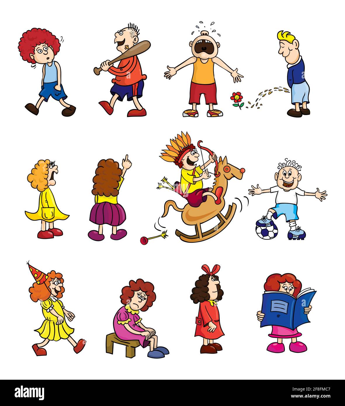 Set of cartoons children in different activities. Retro style sketch ...