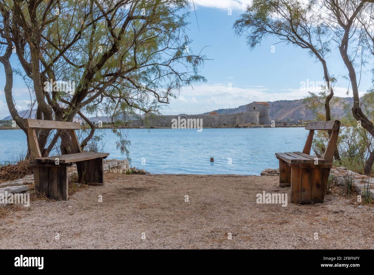 Benches and Venetian Triangle Castle at Butrint, Albania Stock Photo ...