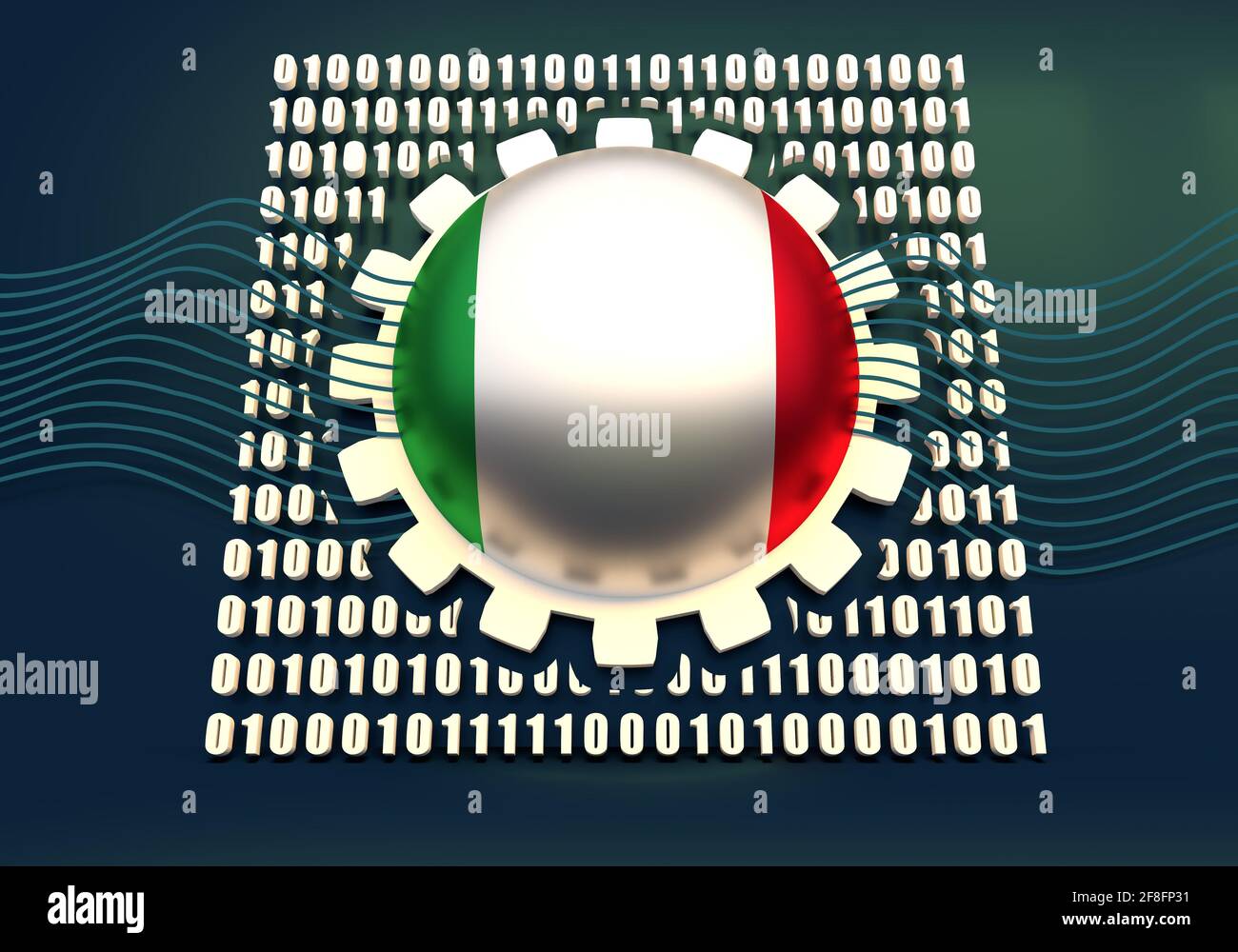 Binary code background with gear and flag of the Italy. Algorithm binary, data code, decryption ...