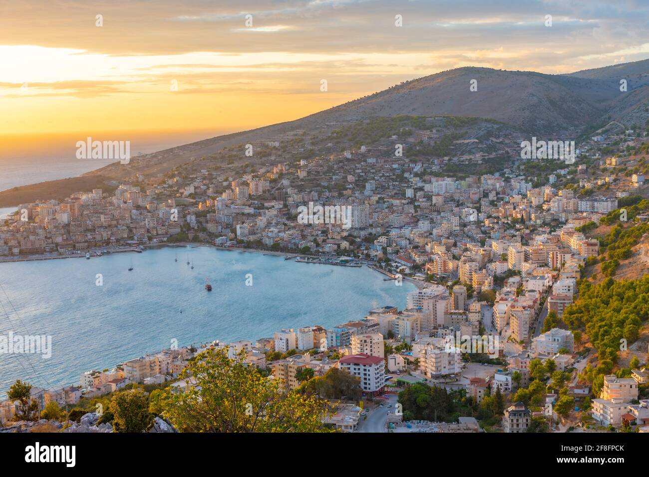 Sunset aerial view of Sarande, Albania Stock Photo - Alamy
