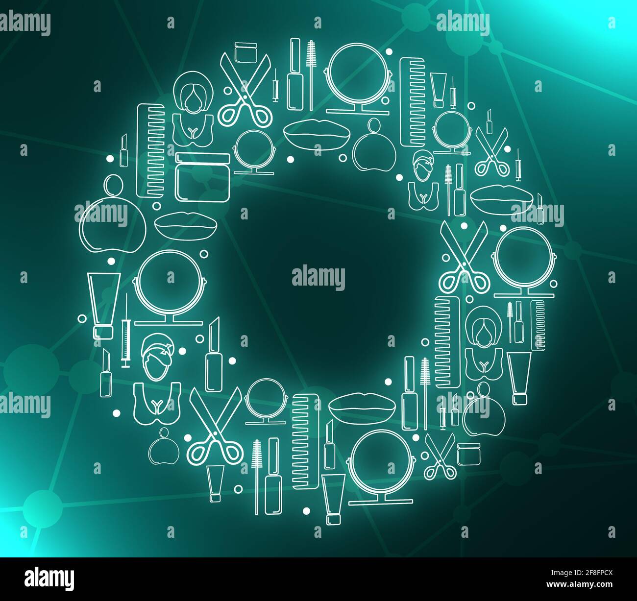 Cosmetology and fashion concept. Circle frame with thin line icons ...