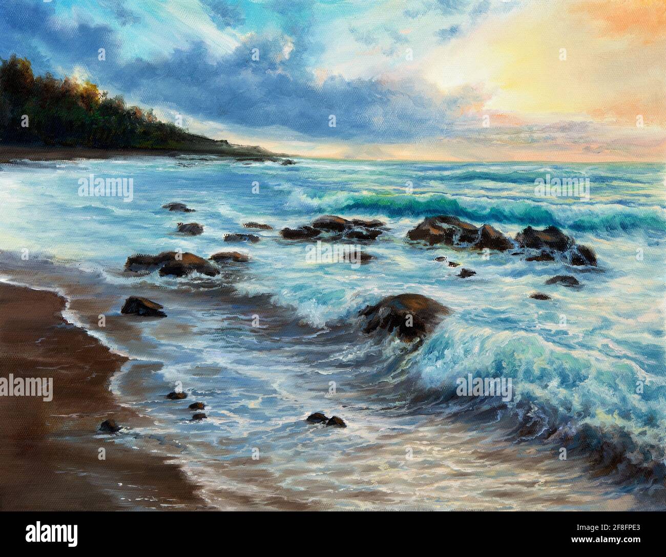 Original oil painting of Ocean and cliffs on canvas.Modern Impressionism Stock Photo - Alamy