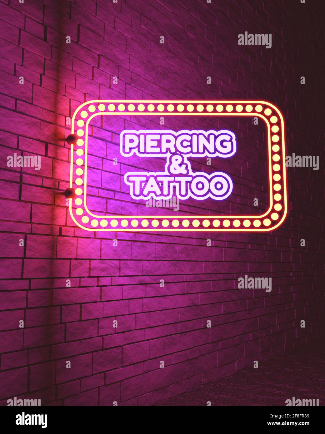 Piercing and tattoo salon theme illustration. 3D rendering. Neon bulb ...