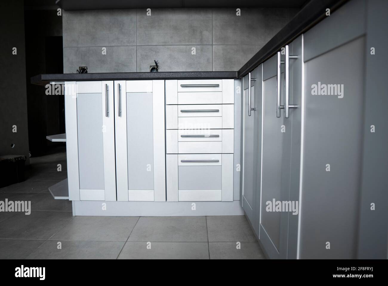 Modern minimalism style kitchen interior in monochrome tones. Custom ...