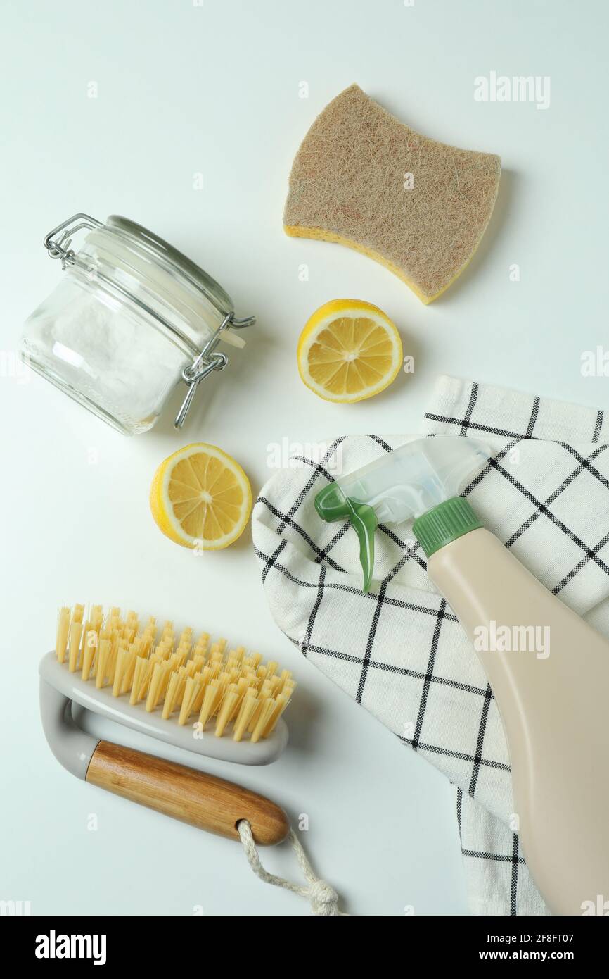 Eco friendly cleaning tools on white background Stock Photo - Alamy