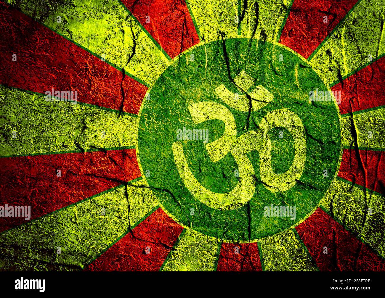 om sign and symbol on sun rays banner. concrete textured surface Stock ...