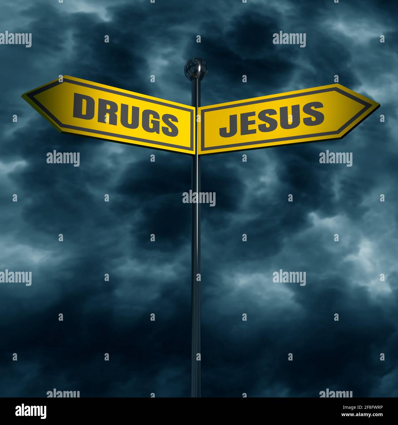 3d rendering of road signs with DRUGS and JESUS text pointing in ...